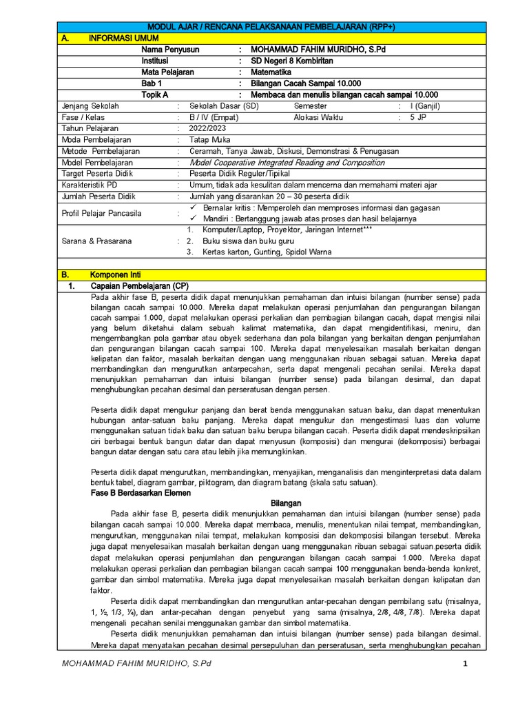 Modul Ajar MTK KLS Iv SMS 1 | PDF