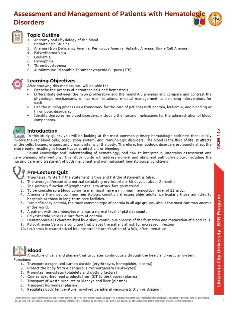 Hematology Guide: Blood Disorders and Nursing Care | PDF | Coagulation ...