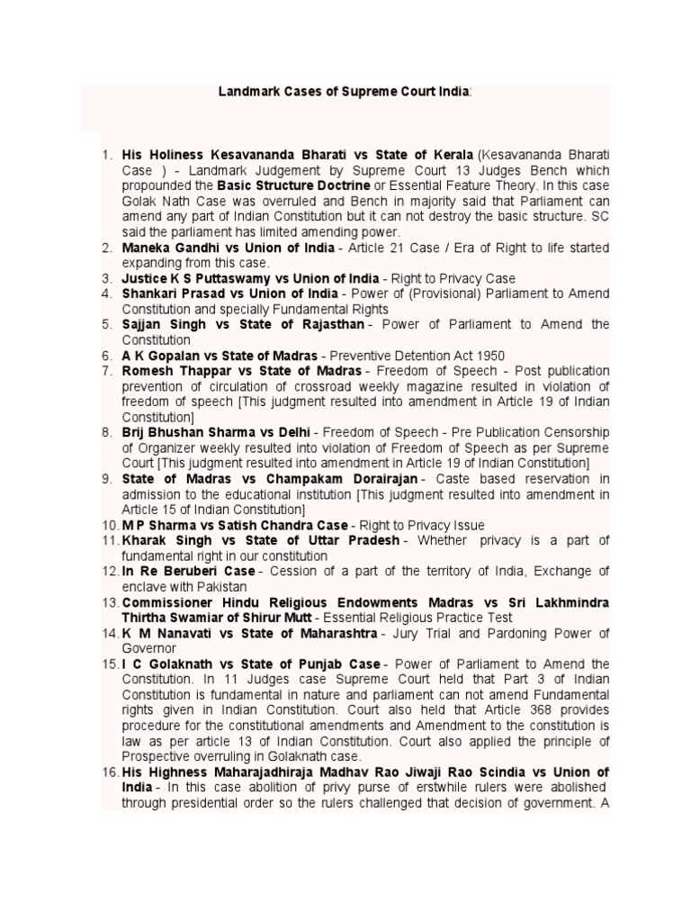 Landmark Supreme Court Cases in India | PDF | Supreme Court Of India ...