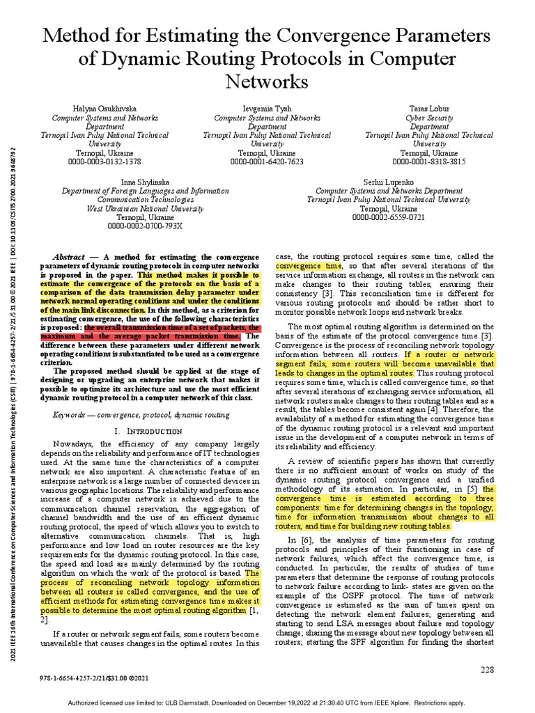 Method For Estimating The Convergence Parameters Of Dynamic Routing Protocols In Computer 0174