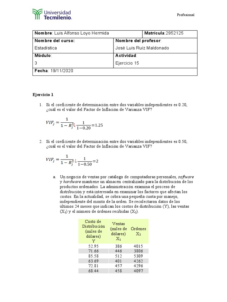 Ejercicio 15 | PDF | Multicolinealidad | Análisis de regresión