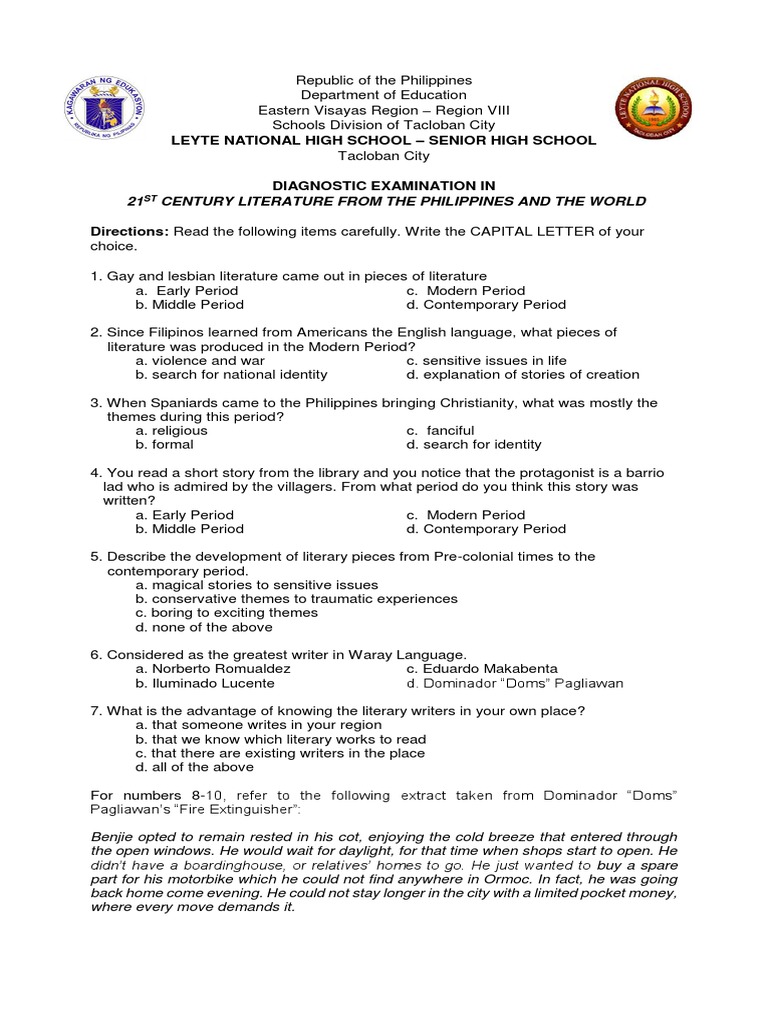 Q1 21ST CENTURY LITERATURE Diagnostic Test | PDF | Poetry