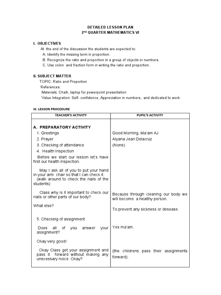 Detailed Lesson Plan Math 6 Q3 | PDF | Ratio | Mathematics