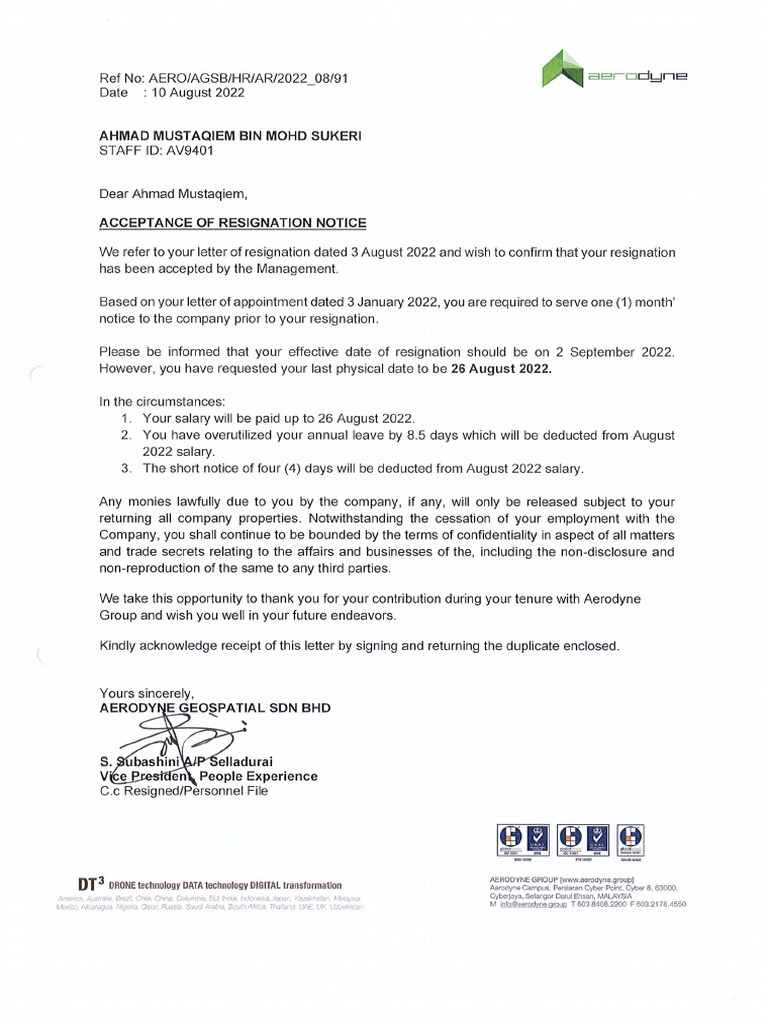 Acceptance of Resignation - Ahmad Mustaqiem Bin Mohd Sukeri | PDF