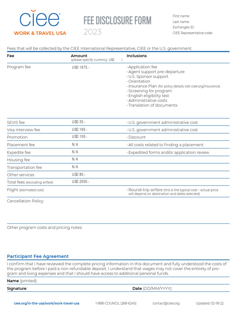 Fee Disclosure Form Placement 2023 - Pre-InscripciÃ N | PDF | Fee ...