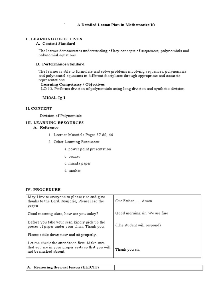 Sample Detailed Lesson Plan Mat10 | PDF | Division (Mathematics ...