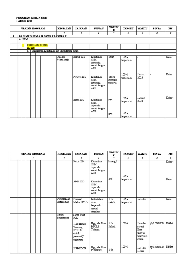 Program Kerja Igd Tahun 2023 | PDF
