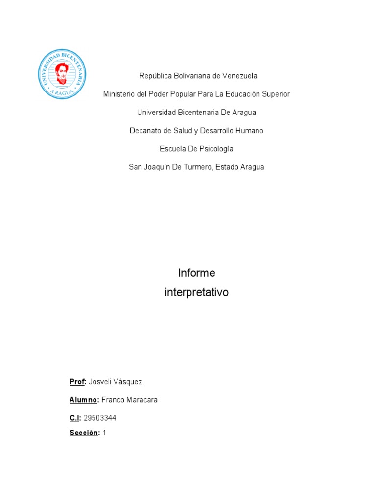 Informe Interpretativo (Josveli Vásquez) | PDF | Psicoterapia | Terapia ...