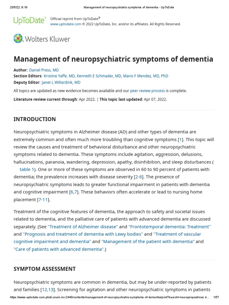 Management of Neuropsychiatric Symptoms of Dementia - UpToDate | PDF ...