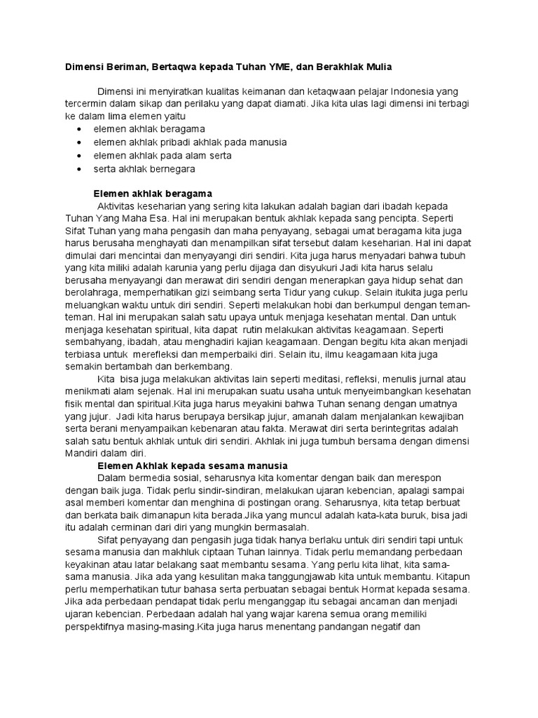 Dimensi Beriman, Bertaqwa Kepada Tuhan YME, Dan Berakhlak Mulia | PDF ...