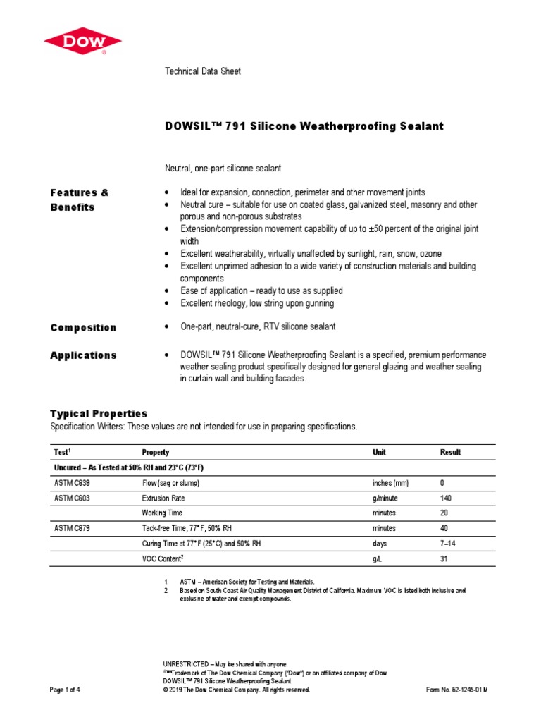 DOWSIL 791 Weatherproofing Sealant Product Data 1799967 | PDF | Silicone | Dow Chemical Company
