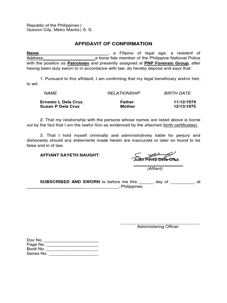 Affidavit Confirming Legal Beneficiaries and Heirs | PDF | Affidavit ...