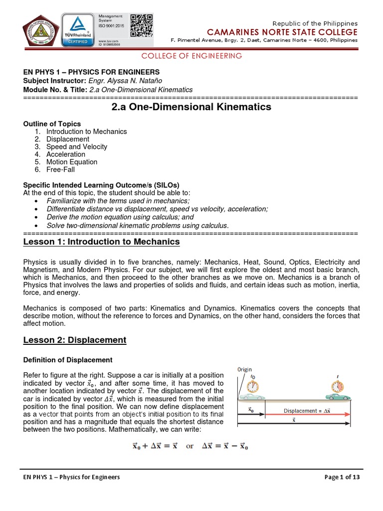 02a Kinematics One Dimension Pdf Acceleration Velocity