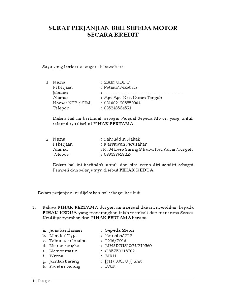 Contoh Surat Perjanjian Sewa Beli Sepeda Motor FH UII | PDF