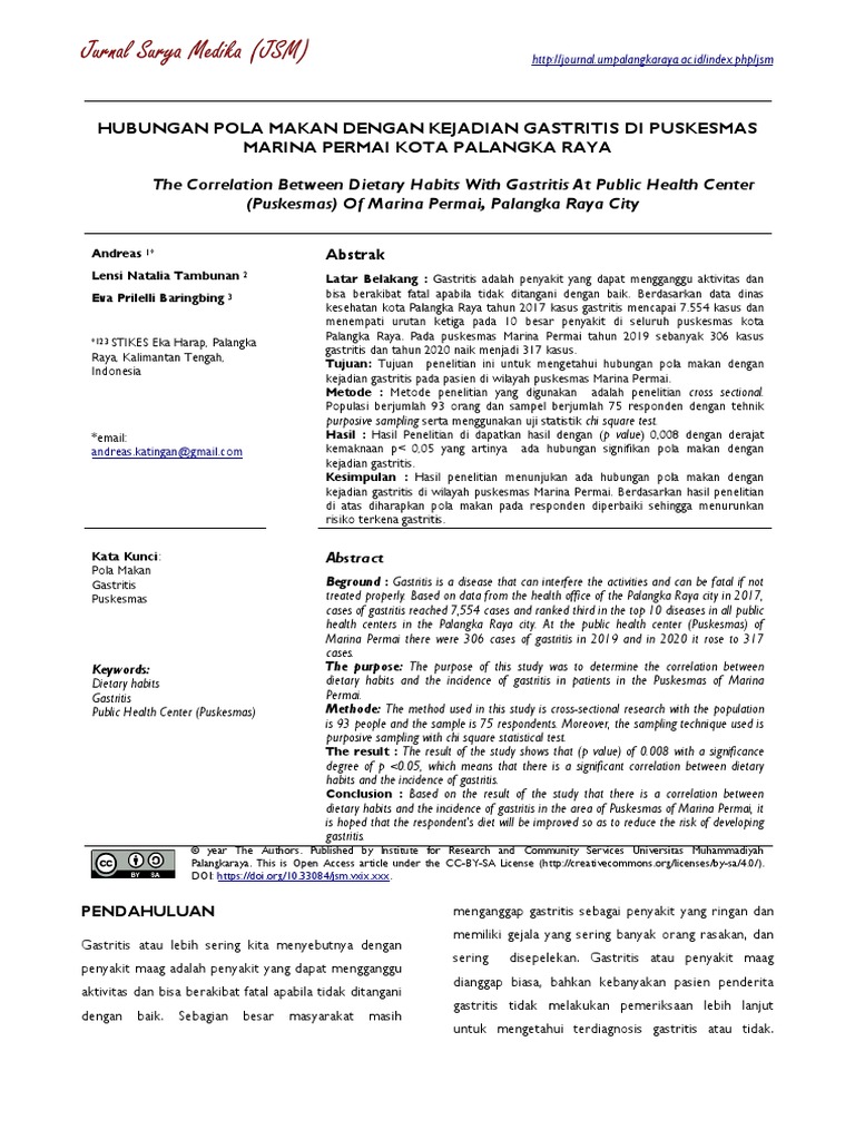 Jurnal - HUBUNGAN POLA MAKAN DENGAN KEJADIAN GASTRITIS DI PUSKESMAS MARINA PERMAI KOTA PALANGKA ...