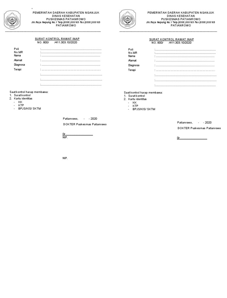 Surat Kontrol Rawat Inap | PDF