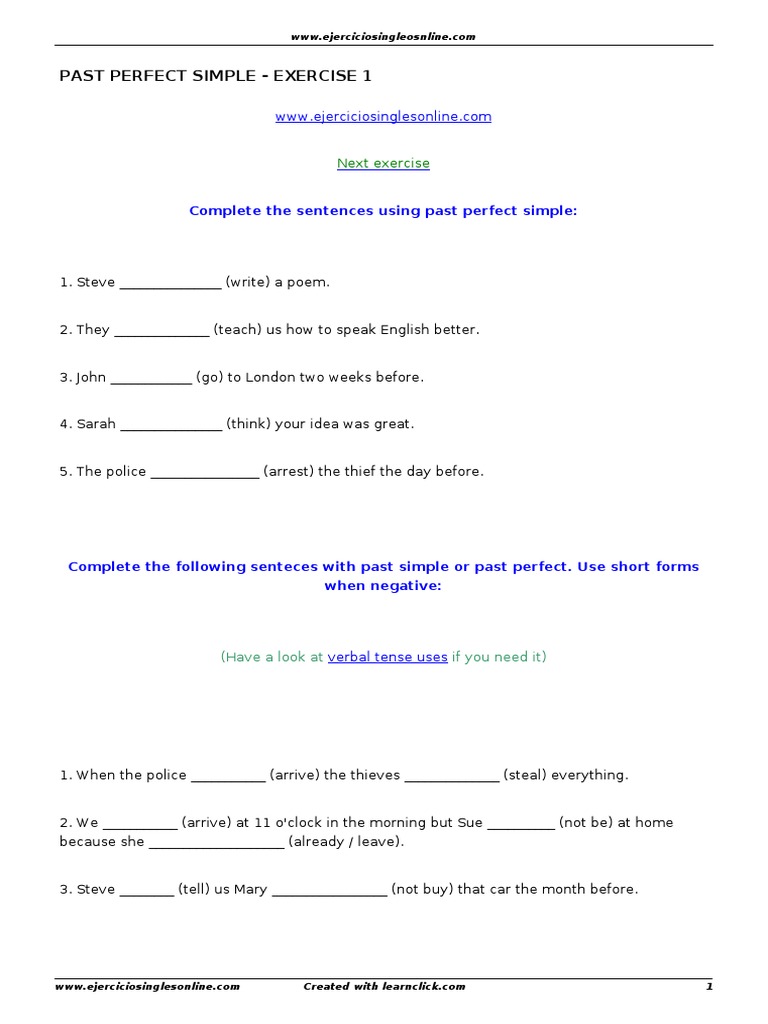 Past Perfect Simple - Exercise 1 | PDF