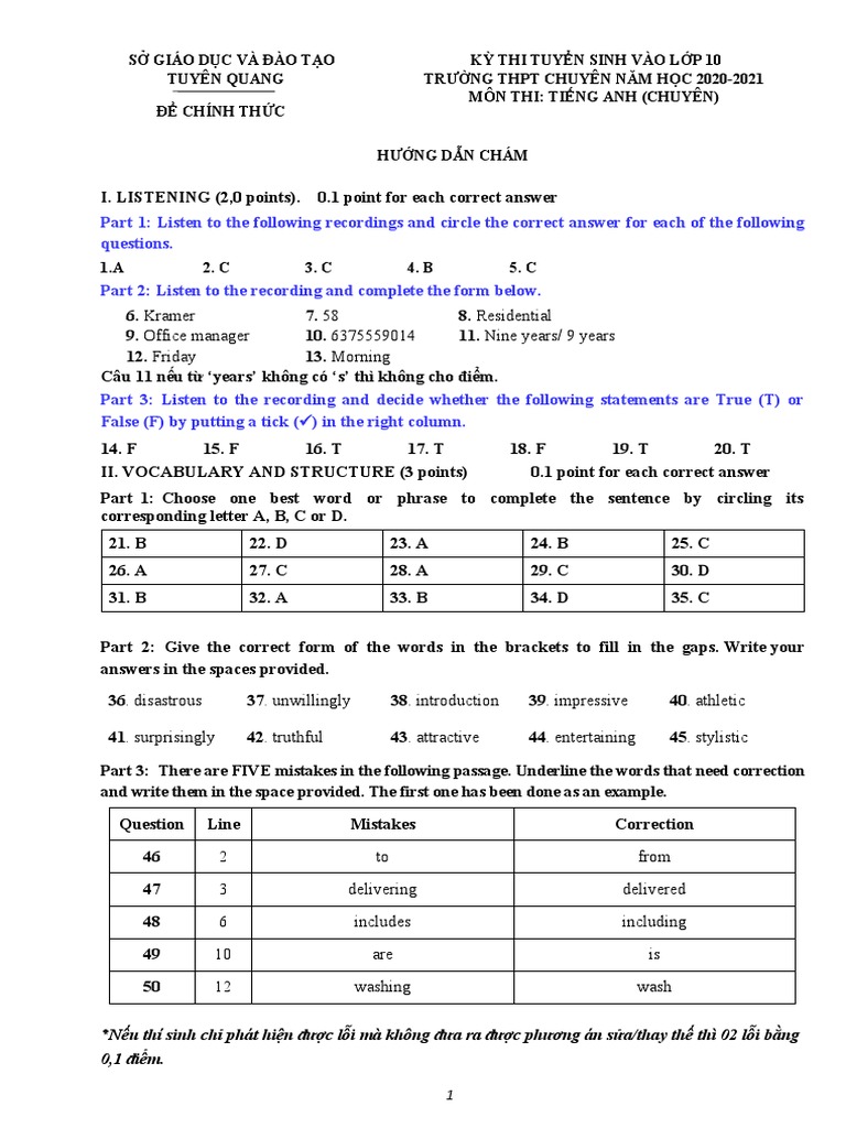 Dap An de Thi Vao 10 Chuyen 2021 de 1 | PDF | Language Mechanics | Cognition