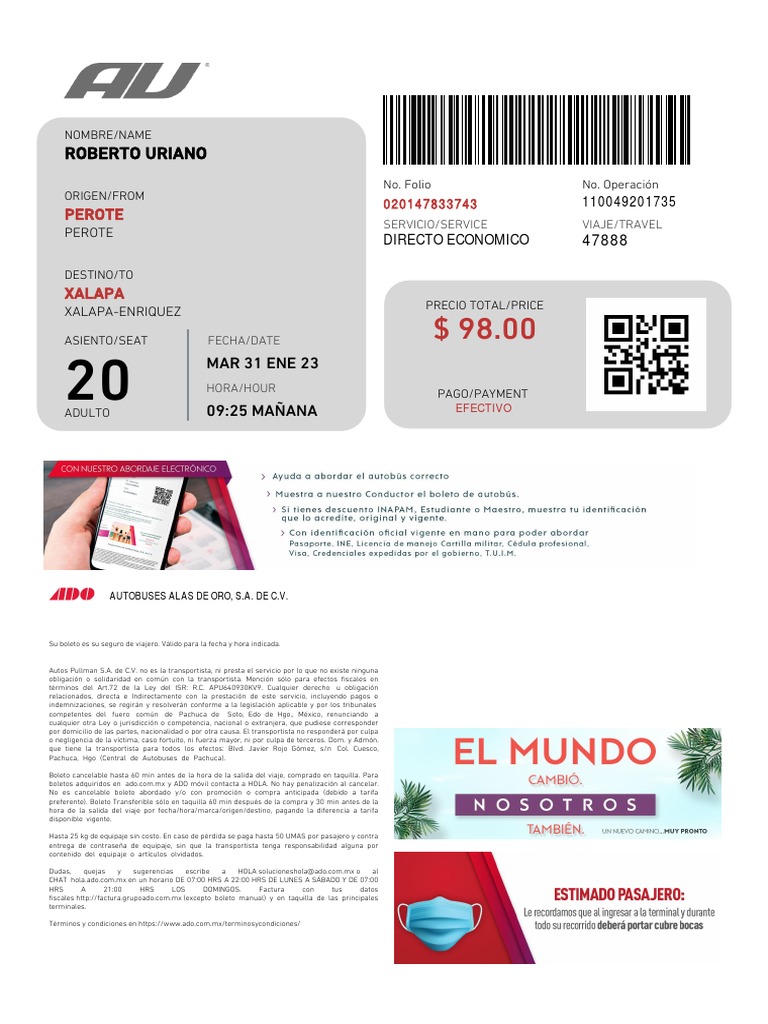 Boletos ADO: Precios y Horarios 2023 | PDF