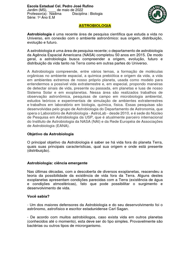 ASTROBIOLOGIA | PDF | Astrobiologia | Vida