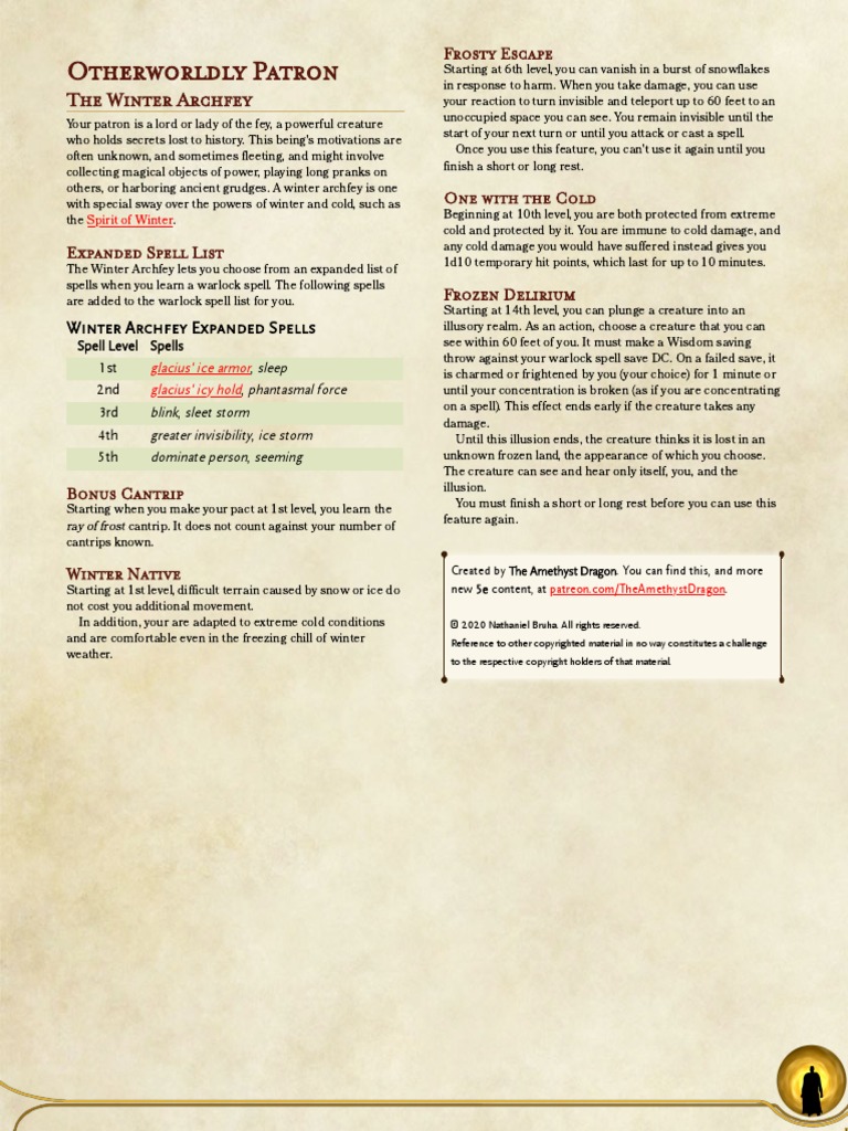 Otherworldly Patron - The Winter Archfey - by The Amethyst Dragon | PDF | Ice