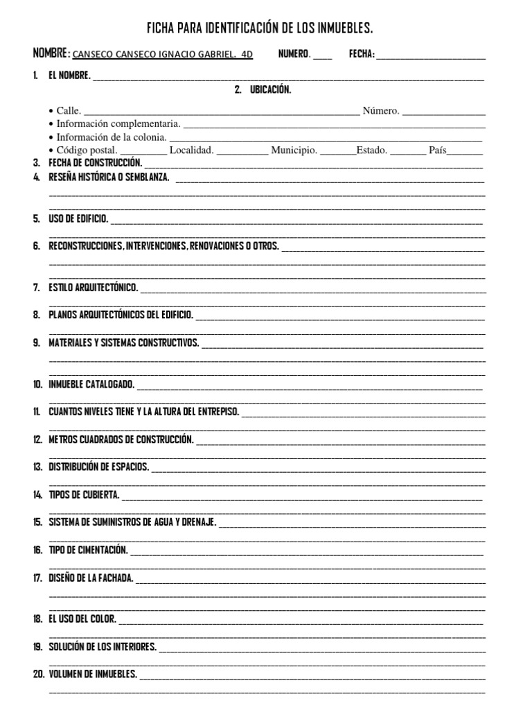 FICHA PARA IDENTIFICACIÓN DE LOS INMUEBLES Ejemplo | PDF