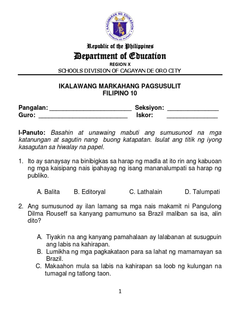 Filipino-10 Test Paper 2ndquarter-Mdt | PDF