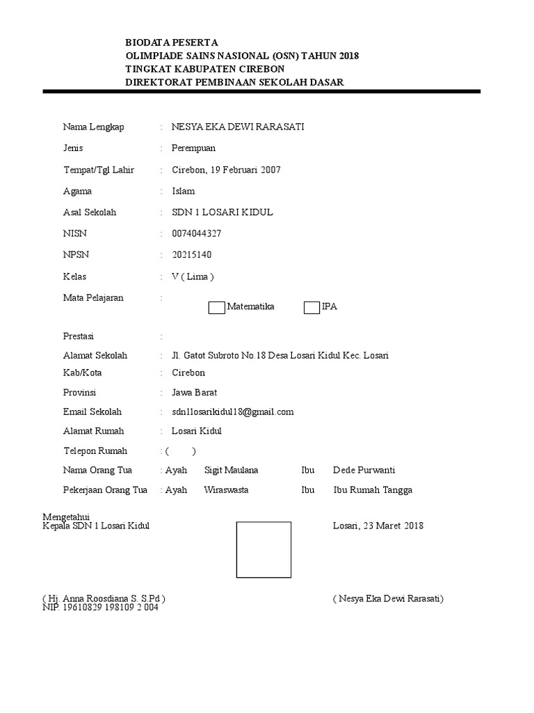 Contoh Form Biodata OSN | PDF