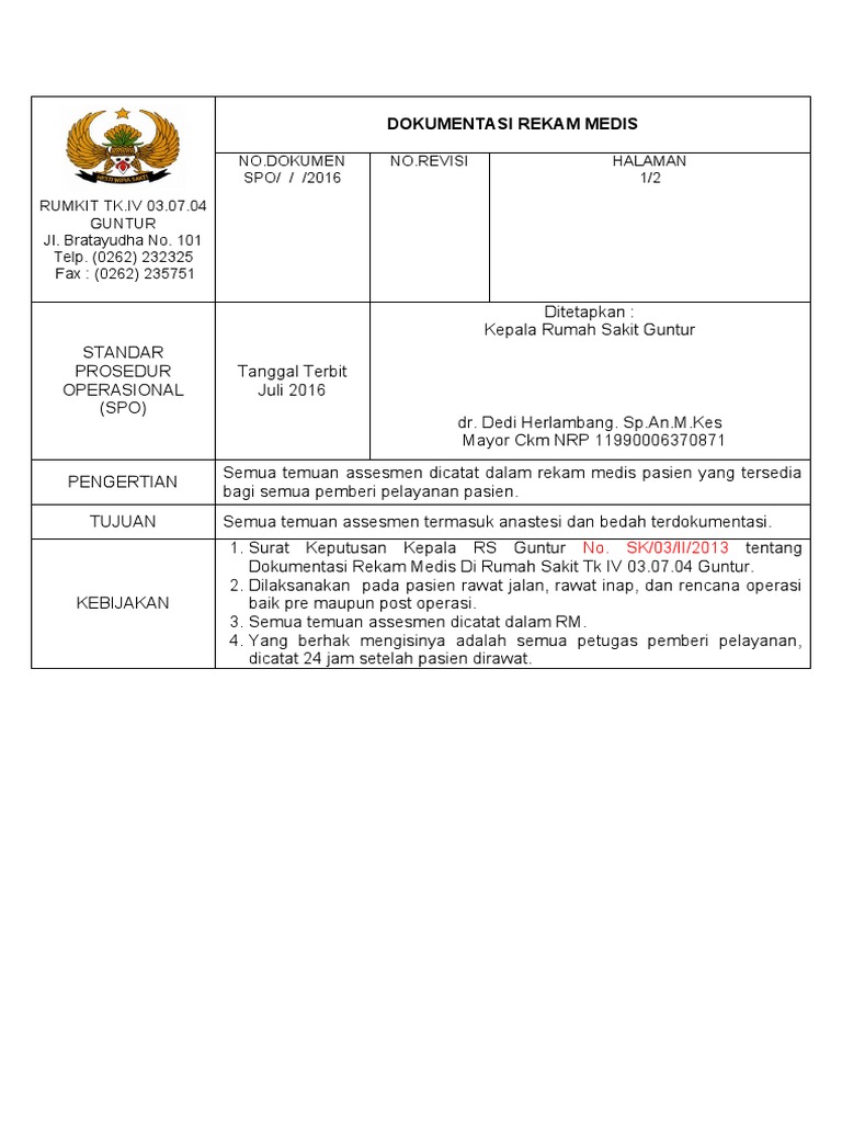 SPO Dokumentasi Rekam Medis | PDF