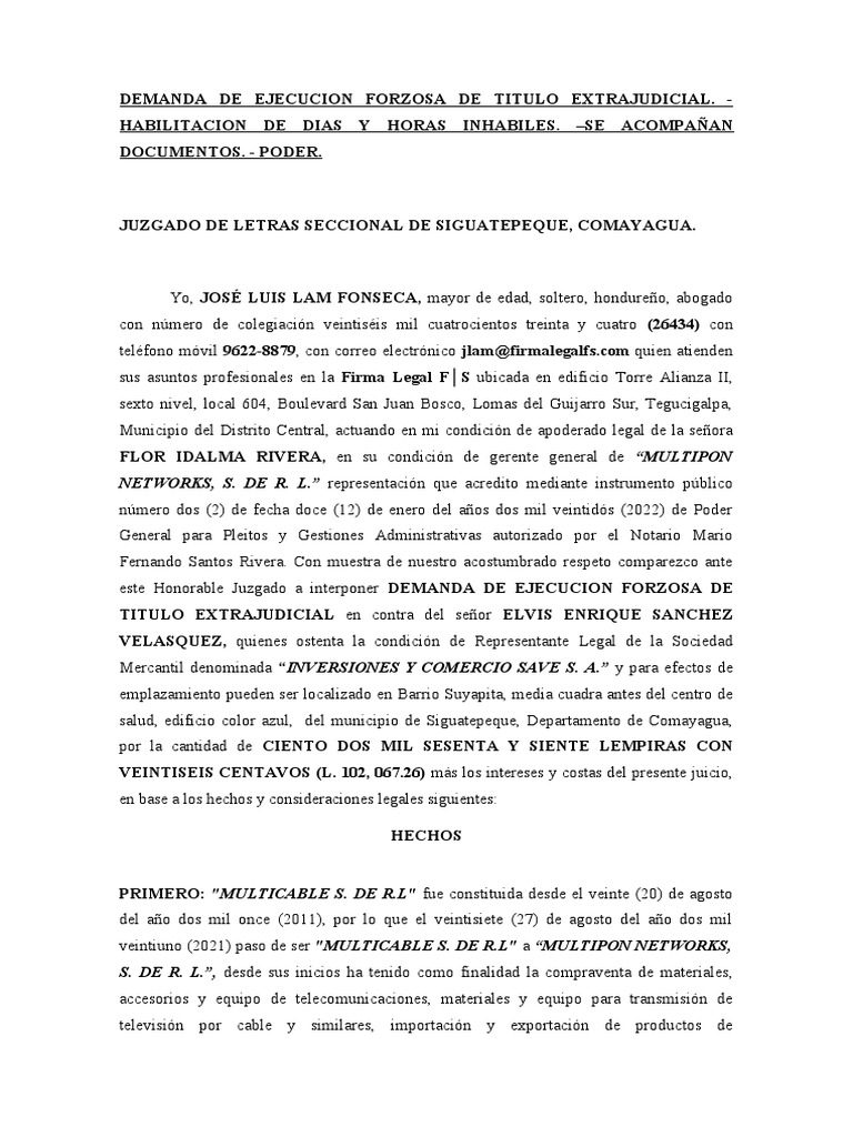 Siguatepque Demanda de Ejecucion Forzosa de Titulo Extrajudicial | PDF | Finanzas y dinero