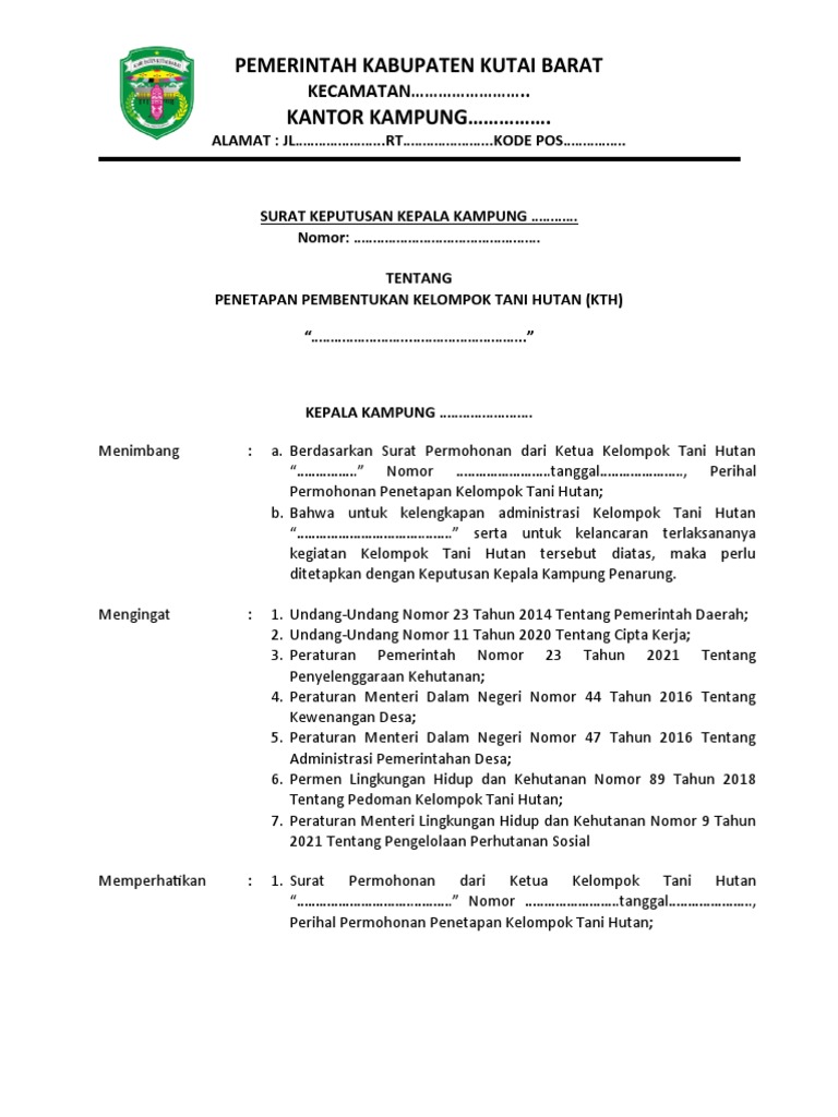 SURAT KEPUTUSAN Penetapan KTH | PDF