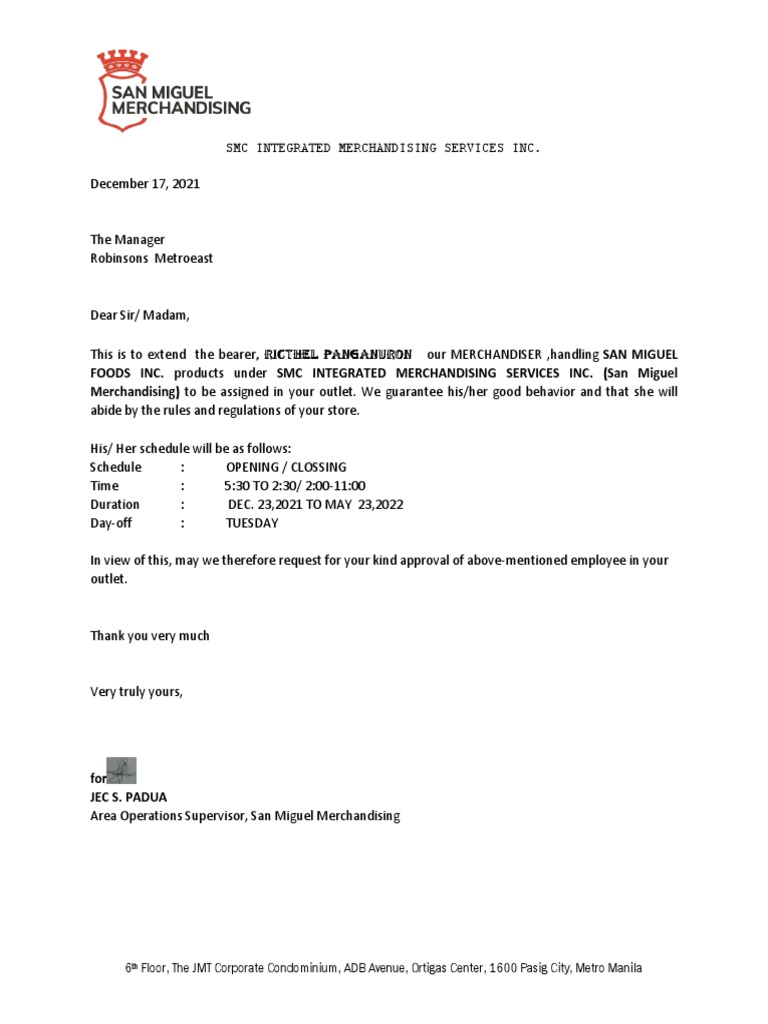 Request for Approval of San Miguel Merchandiser Assignment at Robinsons ...