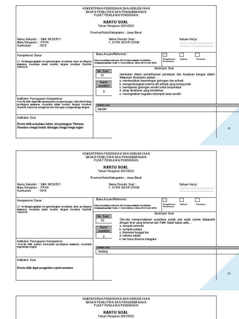 Format Kartu Soal k13 Syifa | PDF