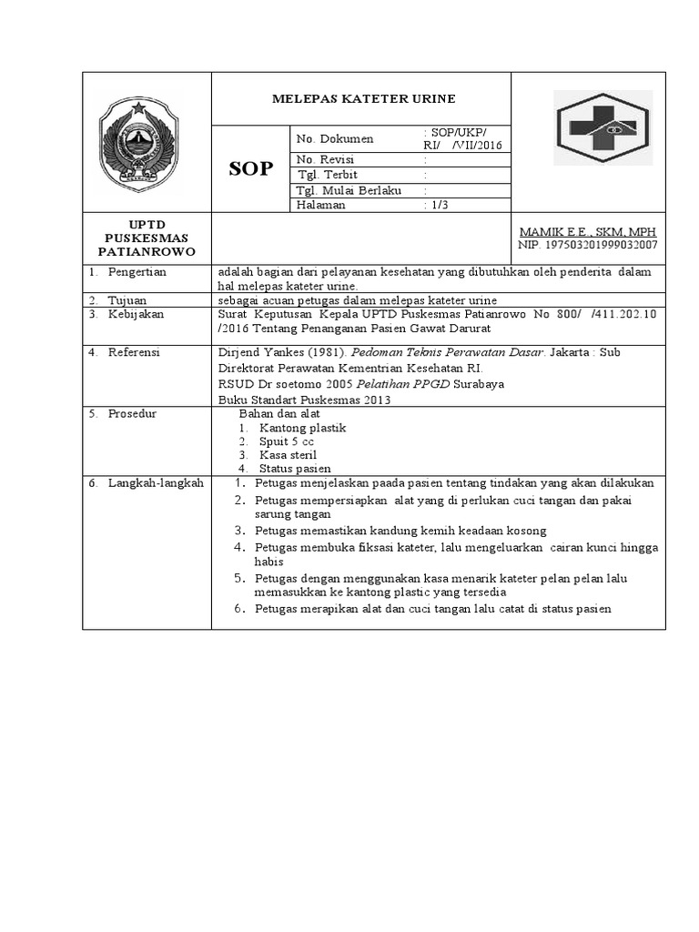 Sop Melepas Kateter Urine | PDF