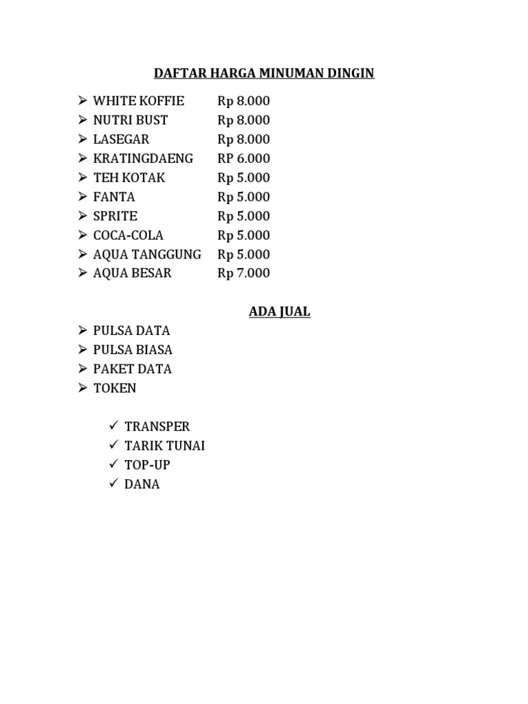 Daftar Harga Minuman Dingin | PDF