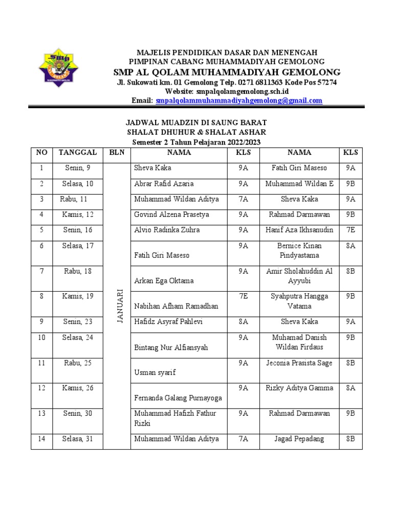 Jadwal Adzan Semester 2 | PDF