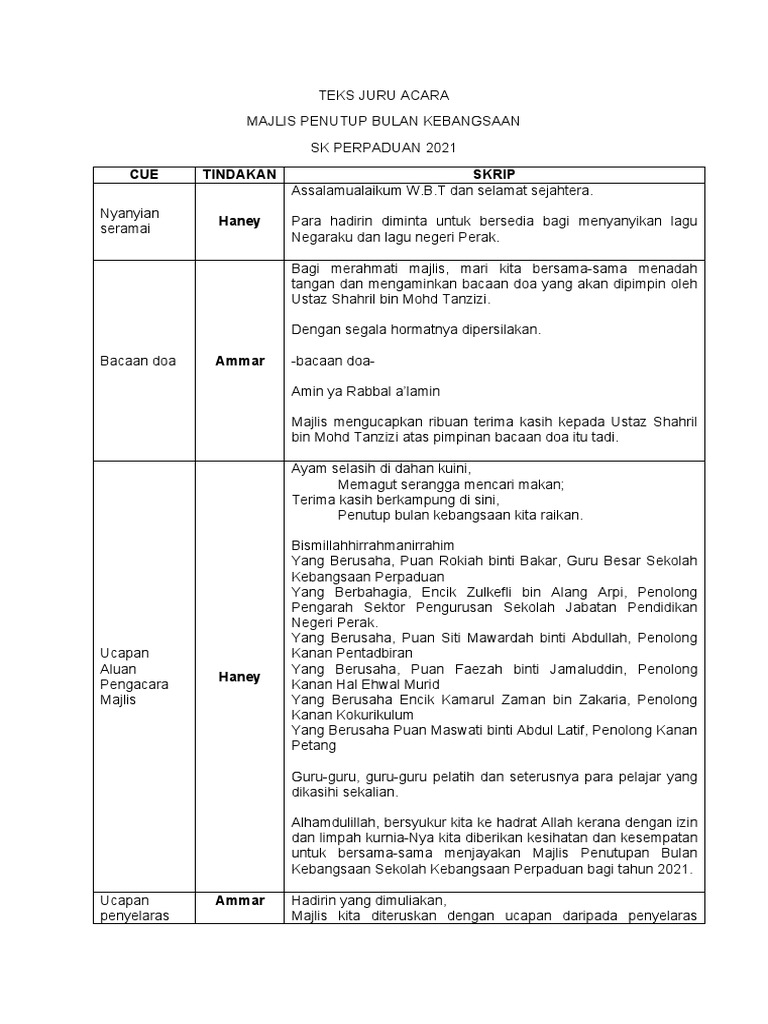 Teks Juru Acara Majlis Penutup Bulan Kebangsaan | PDF