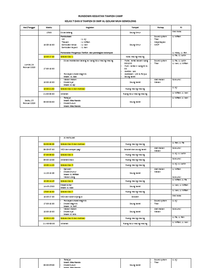 Rundown Kegiatan Tahfizh Camp | PDF