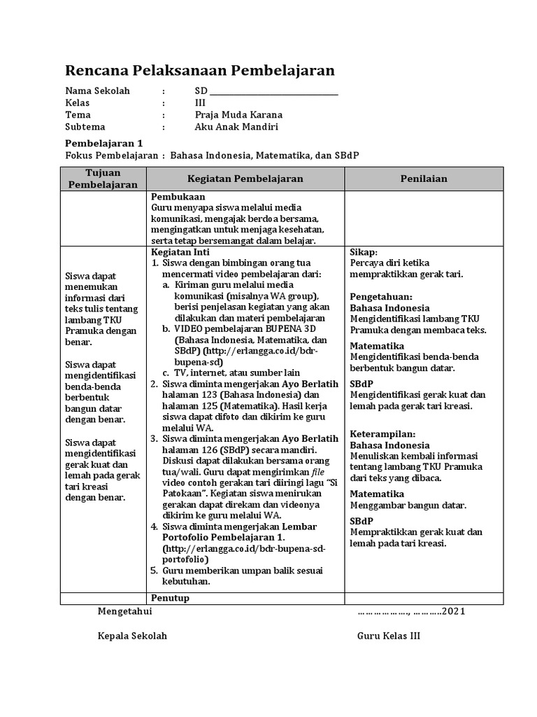 RPP Bupena Kelas 3 Tema 8 Sub 2 | PDF