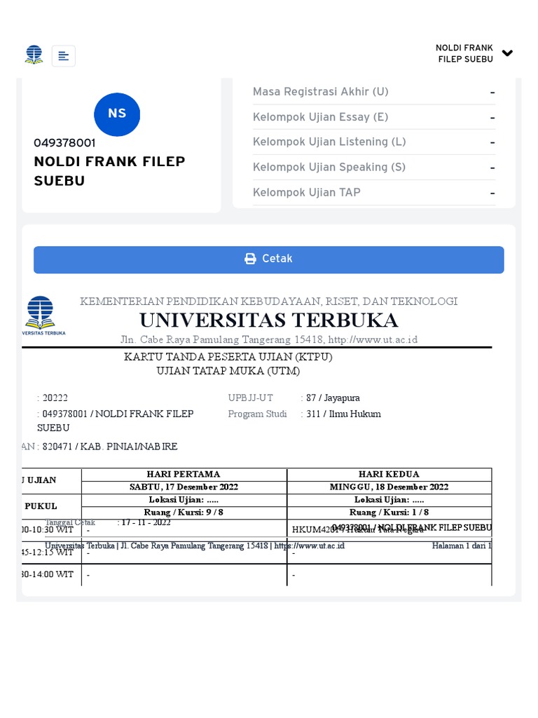 Https:/admisi Sia - Ut.ac - Id/dashboard/tugas Ujian/cetak Kartu Tanda ...
