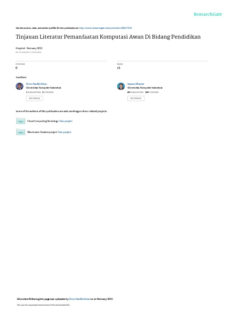 Tinjauan Literatur Pemanfaatan Komputasi Awan Pada Bidang Pendidikan | PDF
