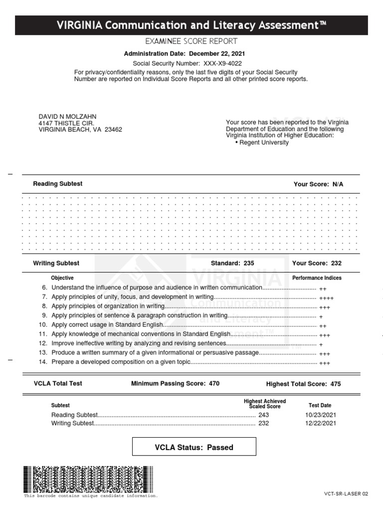 Vcla Test Score Writing | PDF | Multiple Choice | Cognition