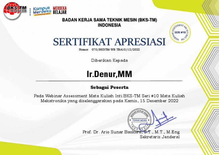 70-Denur-Sertifikat Webinar Assessment Seri #10 MK Mekatronika | PDF
