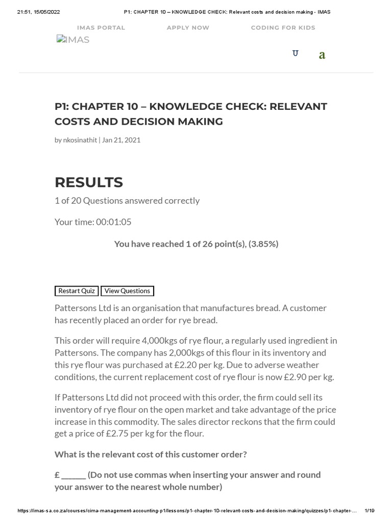 P1 - CHAPTER 10 - KNOWLEDGE CHECK - Relevant Costs and Decision Making - IMAS | PDF | Cost ...