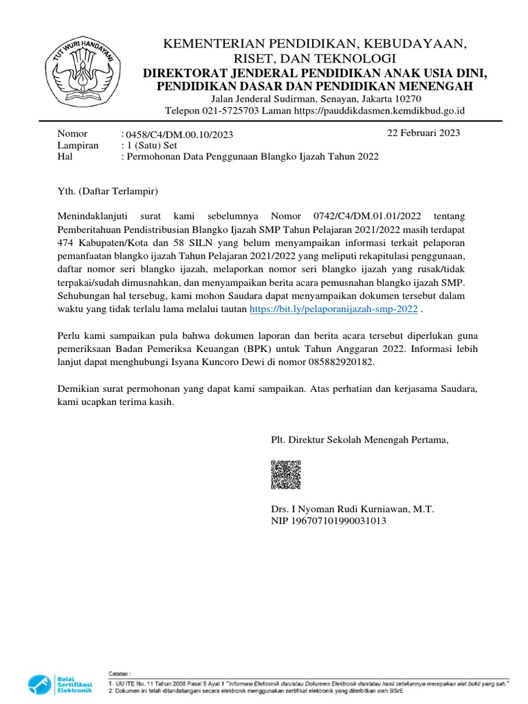 Permohonan Data Penggunaan Blangko Ijazah Tahun 2022 - Fix | PDF
