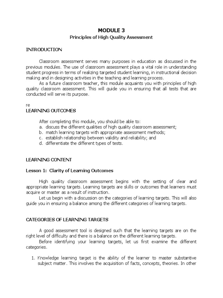 Module 3 Principles of High Quality Assessment | PDF | Educational Assessment | Validity ...