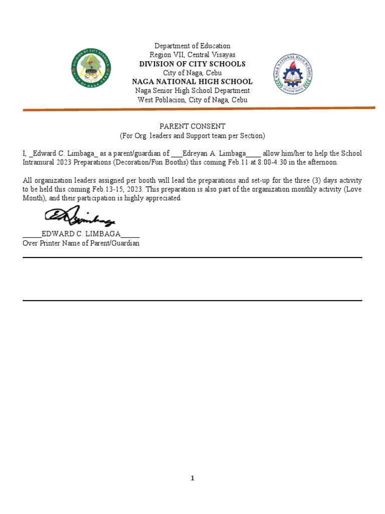 Parent Consent For Intrams Preparation | PDF