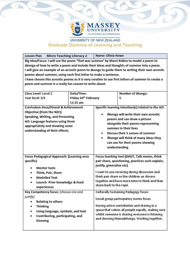 Acrostic Poem Lesson Plan for Summer | PDF | Cognitive Psychology ...