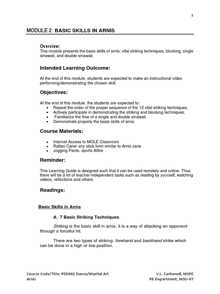 PED002 Module 2 Basic Skills in Arnis | PDF