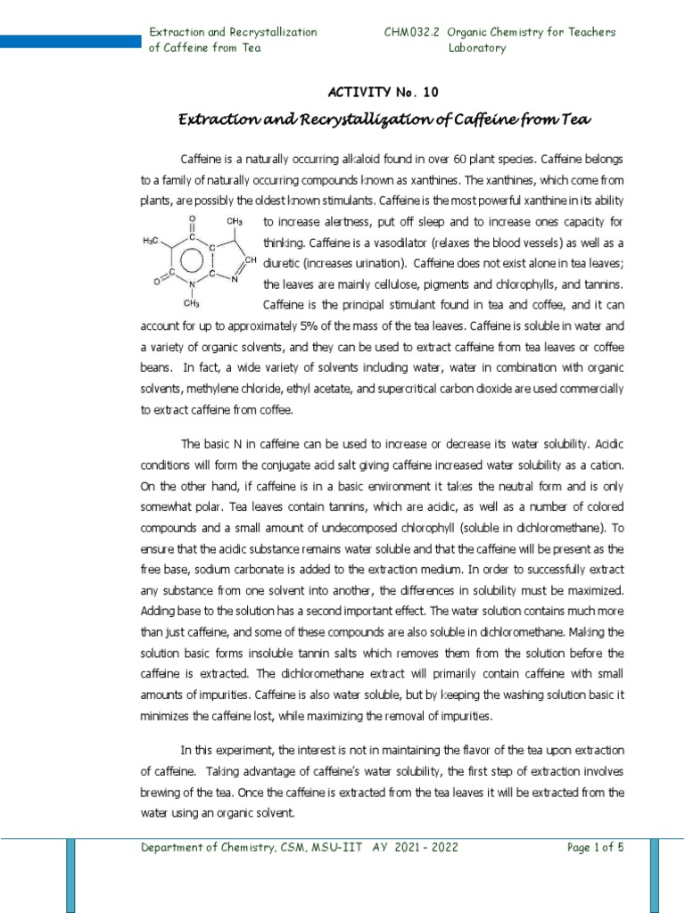 Activity 10 Extraction and Recrystallization of Caffeine From Tea ...